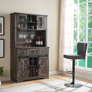 OKD Farmhouse Bar Cabinet with Sliding Barn Door, 72" Rustic Buffet with Hutch with Wine and Glasses Rack, 3 Drawers, Storage Shelves, Sideboard Cupboard for Kitchen, Dining Room, Dark Rustic Oak