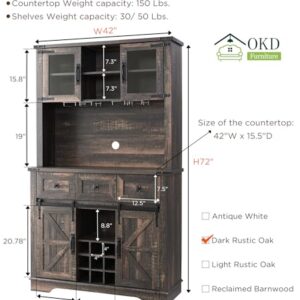 OKD Farmhouse Bar Cabinet with Sliding Barn Door, 72" Rustic Buffet with Hutch with Wine and Glasses Rack, 3 Drawers, Storage Shelves, Sideboard Cupboard for Kitchen, Dining Room, Dark Rustic Oak