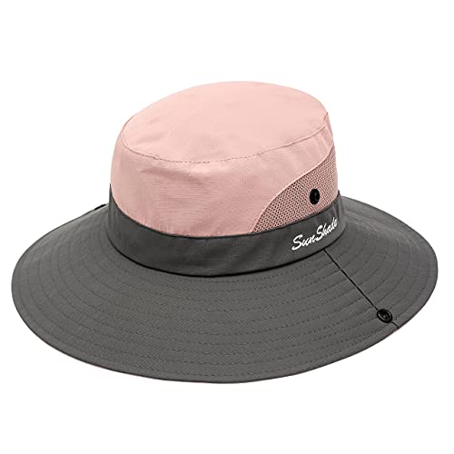 Womens Sun Hats Wide Brim Ponytail Hats Summer Beach Hat for Women Foldable Travel Safari Hats UPF50+(Size:M-L) (58cm/22.83inch, Pink)