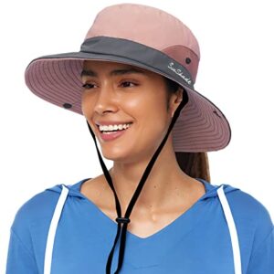 Womens Sun Hats Wide Brim Ponytail Hats Summer Beach Hat for Women Foldable Travel Safari Hats UPF50+(Size:M-L) (58cm/22.83inch, Pink)