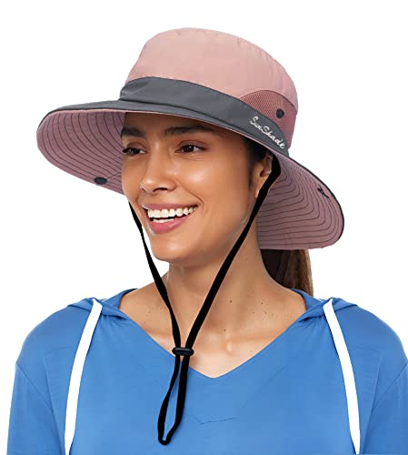 Womens Sun Hats Wide Brim Ponytail Hats Summer Beach Hat for Women Foldable Travel Safari Hats UPF50+(Size:M-L) (58cm/22.83inch, Pink)