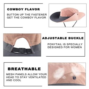 Womens Sun Hats Wide Brim Ponytail Hats Summer Beach Hat for Women Foldable Travel Safari Hats UPF50+(Size:M-L) (58cm/22.83inch, Pink)