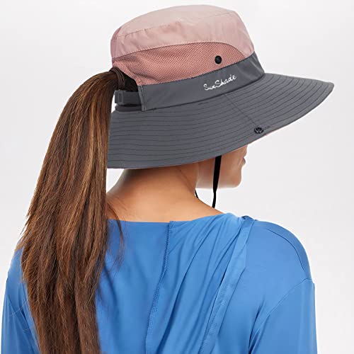 Womens Sun Hats Wide Brim Ponytail Hats Summer Beach Hat for Women Foldable Travel Safari Hats UPF50+(Size:M-L) (58cm/22.83inch, Pink)