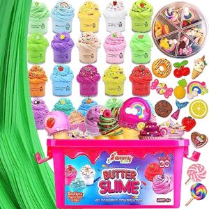 Fluffy Butter Slime Kit for Girls/Boys-49 Pcs-20 Large Slime Gift Set w/Storage Box Keeps Slime Fresh Avoids Drying Out-Slime Charms w/Organizer-Ice Cream Cones Cupcake Sprinkles & Stickers