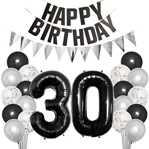 Borsgye 30th Birthday Party Decorations Set for Girl Boy Women Men Black HAPPY BIRTHDAY Letter Banner Silver Sparkly Glitter Traingle Banner Confetti Latex Balloons with Black Giant Number 30 Balloon