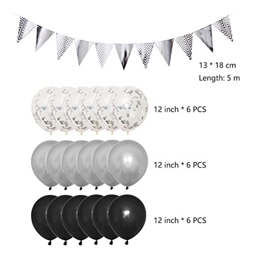 Borsgye 30th Birthday Party Decorations Set for Girl Boy Women Men Black HAPPY BIRTHDAY Letter Banner Silver Sparkly Glitter Traingle Banner Confetti Latex Balloons with Black Giant Number 30 Balloon