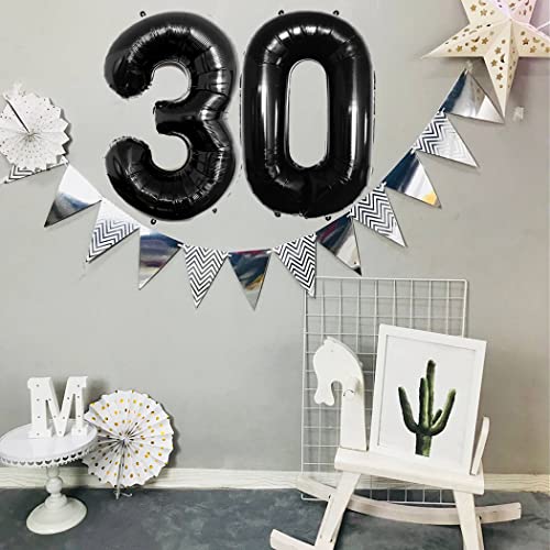 Borsgye 30th Birthday Party Decorations Set for Girl Boy Women Men Black HAPPY BIRTHDAY Letter Banner Silver Sparkly Glitter Traingle Banner Confetti Latex Balloons with Black Giant Number 30 Balloon