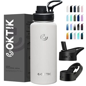 coktik 40 oz sports water bottle with straw,3 lids, stainless steel vacuum insulated water bottles,leakproof lightweight, keeps cold and hot, great for travel, hiking, biking, running(white)