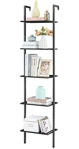 Tajsoon Industrial Bookcase, Ladder Shelf, 5-Tier Wood Wall Mounted Bookshelf with Stable Metal Frame, Open Display Rack for Bedroom, Home Office, Black