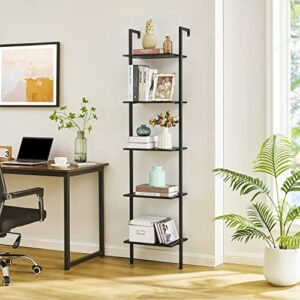 Tajsoon Industrial Bookcase, Ladder Shelf, 5-Tier Wood Wall Mounted Bookshelf with Stable Metal Frame, Open Display Rack for Bedroom, Home Office, Black