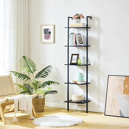 Tajsoon Industrial Bookcase, Ladder Shelf, 5-Tier Wood Wall Mounted Bookshelf with Stable Metal Frame, Open Display Rack for Bedroom, Home Office, Black