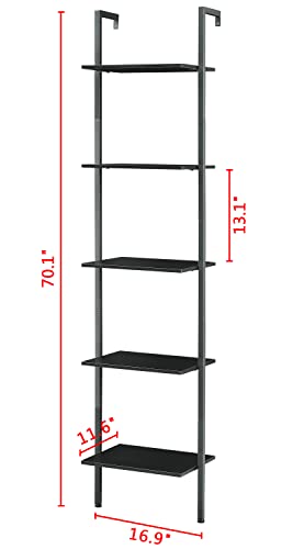 Tajsoon Industrial Bookcase, Ladder Shelf, 5-Tier Wood Wall Mounted Bookshelf with Stable Metal Frame, Open Display Rack for Bedroom, Home Office, Black