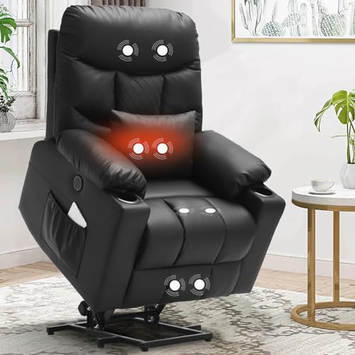 IPKIG Power Lift Recliner Chair for Elderly with Massage and Heated, PU Leather Electric Recliner Chair with USB Ports, Remote Control, Cup Holders & 4 Side Pockets for Home Living Room (Black)