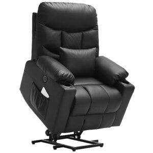 IPKIG Power Lift Recliner Chair for Elderly with Massage and Heated, PU Leather Electric Recliner Chair with USB Ports, Remote Control, Cup Holders & 4 Side Pockets for Home Living Room (Black)