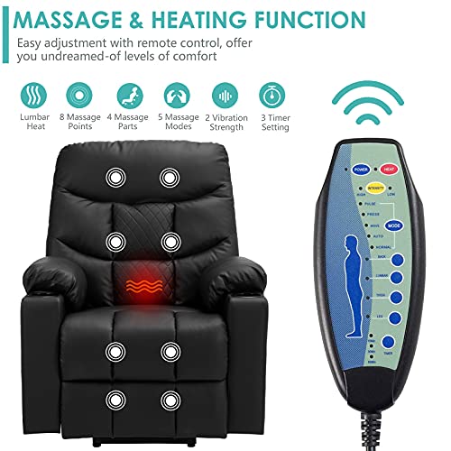 IPKIG Power Lift Recliner Chair for Elderly with Massage and Heated, PU Leather Electric Recliner Chair with USB Ports, Remote Control, Cup Holders & 4 Side Pockets for Home Living Room (Black)