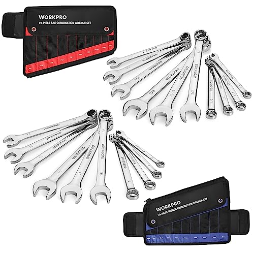 WORKPRO 20-piece Combination Wrench Set, Metric & SAE, Cr-V 12-point Wrench Sets with Roll-Up Pouch, SAE 1/4”- 3/4” and Metric 6mm-18mm, Suitable for Garage, Boat, Car Emergency and General Household