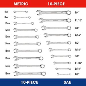 WORKPRO 20-piece Combination Wrench Set, Metric & SAE, Cr-V 12-point Wrench Sets with Roll-Up Pouch, SAE 1/4”- 3/4” and Metric 6mm-18mm, Suitable for Garage, Boat, Car Emergency and General Household