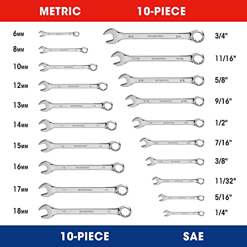 WORKPRO 20-piece Combination Wrench Set, Metric & SAE, Cr-V 12-point Wrench Sets with Roll-Up Pouch, SAE 1/4”- 3/4” and Metric 6mm-18mm, Suitable for Garage, Boat, Car Emergency and General Household