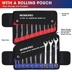 WORKPRO 20-piece Combination Wrench Set, Metric & SAE, Cr-V 12-point Wrench Sets with Roll-Up Pouch, SAE 1/4”- 3/4” and Metric 6mm-18mm, Suitable for Garage, Boat, Car Emergency and General Household