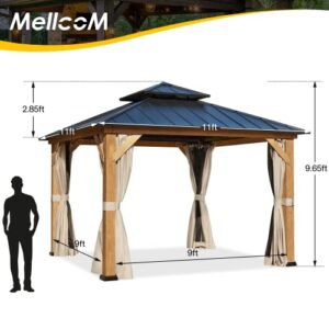 MELLCOM 11' x 11' Outdoor Cedar Wood Gazebo, Hardtop Wooden Frame Gazebo with Double Metal Roof, Solid Cedar Frame Gazebo with Privacy Curtains and Mosquito Nettings for Patios, Gardens, Backyards