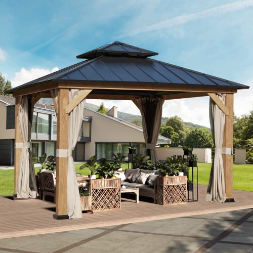 MELLCOM 11' x 11' Outdoor Cedar Wood Gazebo, Hardtop Wooden Frame Gazebo with Double Metal Roof, Solid Cedar Frame Gazebo with Privacy Curtains and Mosquito Nettings for Patios, Gardens, Backyards