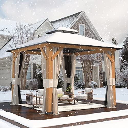 MELLCOM 11' x 11' Outdoor Cedar Wood Gazebo, Hardtop Wooden Frame Gazebo with Double Metal Roof, Solid Cedar Frame Gazebo with Privacy Curtains and Mosquito Nettings for Patios, Gardens, Backyards