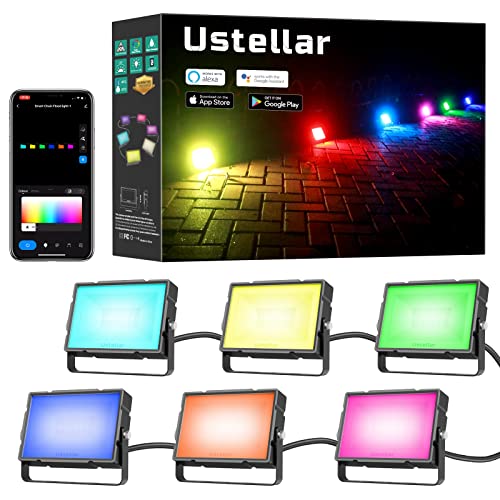 USTELLAR RGB Flood Light Outdoor, Smart WiFi RGBW Landscape Lights+Warm White 2700K, 40W App Control Spotlight Works with Alexa, Color Changing Uplights Halloween Light, IP66, Plug & Play (6 Pack)