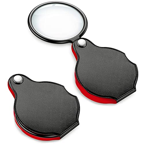 5X Mini Pocket Magnifier Glass, Small Folding Magnifying Lenses with 360 Rotating Protective Leather Sheath for Seniors Reading, Inspection, Coin, Jewelry, Exploring, Elders Gift, 2 3/8'' Lens Size