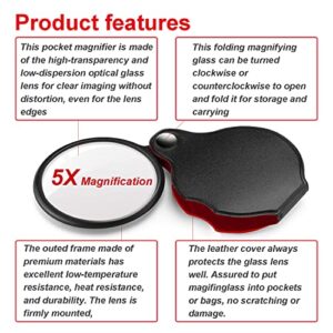 5X Mini Pocket Magnifier Glass, Small Folding Magnifying Lenses with 360 Rotating Protective Leather Sheath for Seniors Reading, Inspection, Coin, Jewelry, Exploring, Elders Gift, 2 3/8'' Lens Size