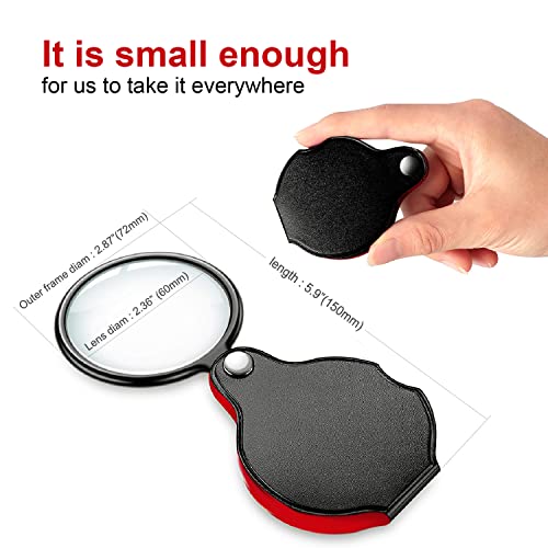 5X Mini Pocket Magnifier Glass, Small Folding Magnifying Lenses with 360 Rotating Protective Leather Sheath for Seniors Reading, Inspection, Coin, Jewelry, Exploring, Elders Gift, 2 3/8'' Lens Size