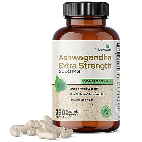 Futurebiotics Ashwagandha Capsules Extra Strength 3000mg - Stress Relief Formula, Natural Mood Support, Stress, Focus, and Energy Support Supplement, 360 Capsules