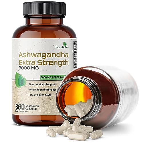 Futurebiotics Ashwagandha Capsules Extra Strength 3000mg - Stress Relief Formula, Natural Mood Support, Stress, Focus, and Energy Support Supplement, 360 Capsules