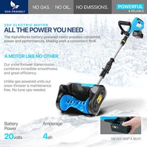 AlphaWorks Snow Thrower Power Shovel 4Ah DC 20V Upgraded Design, Cordless Rechargeable Handheld, Lightweight 10" in. Width 5" in. Depth, 25' ft Throwing Distance, 300 lbs per Min