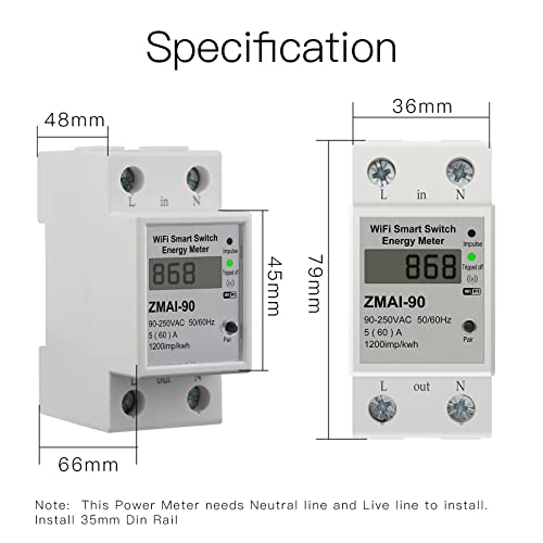 WiFi Smart Energy Monitor Switch Meter, Compatible with Alexa Google Home, Remote Control with Smart Life/Tuya App, Din Rail Tester Current Voltage Amperage Power Meter AC 110-230V 60A Multimeter