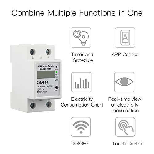 WiFi Smart Energy Monitor Switch Meter, Compatible with Alexa Google Home, Remote Control with Smart Life/Tuya App, Din Rail Tester Current Voltage Amperage Power Meter AC 110-230V 60A Multimeter