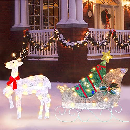 ATDAWN Lighted Christmas Reindeer Sleigh Outdoor Yard Decoration, 50 Lights Christmas Deer Outdoor Decoration, Outdoor Lighted Holiday Deer Christmas Yard Decoration Light Up Display