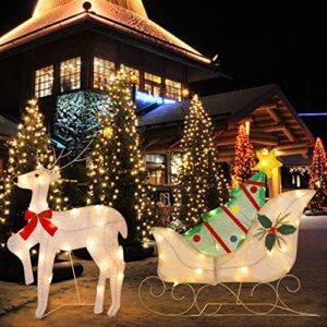 ATDAWN Lighted Christmas Reindeer Sleigh Outdoor Yard Decoration, 50 Lights Christmas Deer Outdoor Decoration, Outdoor Lighted Holiday Deer Christmas Yard Decoration Light Up Display