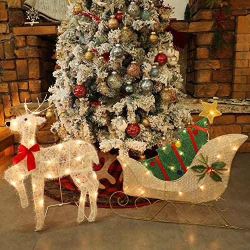 ATDAWN Lighted Christmas Reindeer Sleigh Outdoor Yard Decoration, 50 Lights Christmas Deer Outdoor Decoration, Outdoor Lighted Holiday Deer Christmas Yard Decoration Light Up Display