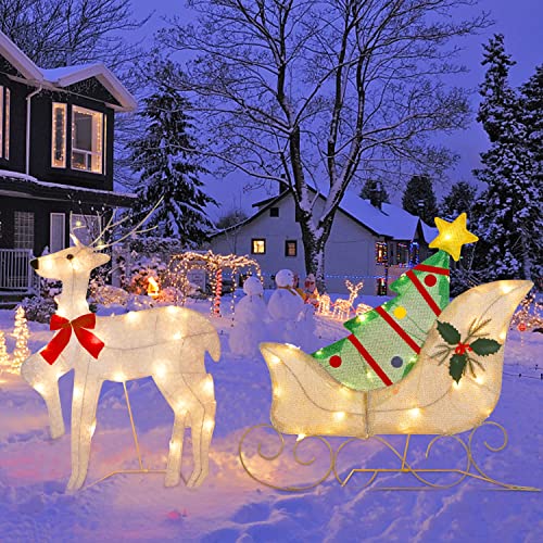 ATDAWN Lighted Christmas Reindeer Sleigh Outdoor Yard Decoration, 50 Lights Christmas Deer Outdoor Decoration, Outdoor Lighted Holiday Deer Christmas Yard Decoration Light Up Display