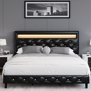 modern upholstered platform bed frame with led headboard, faux leather low profile platform bed frame, strong wood slat support, adjustable upholstered headboard, easy assembly, black, queen size