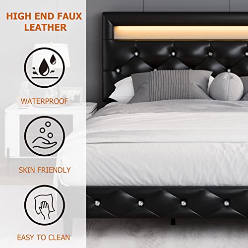 Modern Upholstered Platform Bed Frame with LED Headboard, Faux Leather Low Profile Platform Bed Frame, Strong Wood Slat Support, Adjustable Upholstered Headboard, Easy Assembly, Black, Queen Size