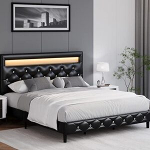 Modern Upholstered Platform Bed Frame with LED Headboard, Faux Leather Low Profile Platform Bed Frame, Strong Wood Slat Support, Adjustable Upholstered Headboard, Easy Assembly, Black, Queen Size