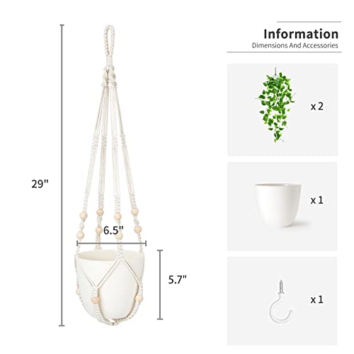 Mkono Fake Hanging Plant with Pot, Artificial Plants for Home Decor Indoor Macrame Plant Hanger with Faux Vines Hanging Planter Greenery for Bedroom Bathroom Kitchen Office Decor, Ivory (Pothos)