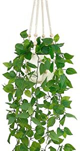 Mkono Fake Hanging Plant with Pot, Artificial Plants for Home Decor Indoor Macrame Plant Hanger with Faux Vines Hanging Planter Greenery for Bedroom Bathroom Kitchen Office Decor, Ivory (Pothos)