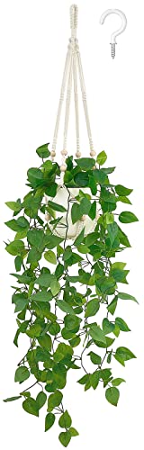 Mkono Fake Hanging Plant with Pot, Artificial Plants for Home Decor Indoor Macrame Plant Hanger with Faux Vines Hanging Planter Greenery for Bedroom Bathroom Kitchen Office Decor, Ivory (Pothos)