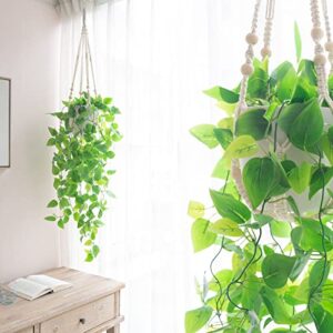 Mkono Fake Hanging Plant with Pot, Artificial Plants for Home Decor Indoor Macrame Plant Hanger with Faux Vines Hanging Planter Greenery for Bedroom Bathroom Kitchen Office Decor, Ivory (Pothos)