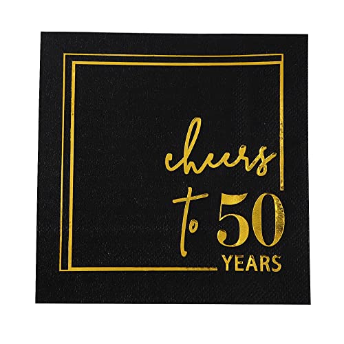 Cheers to 50 Years Cocktail Napkins - 50PK - 3-Ply 50th Birthday Napkins 5x5 Inches Disposable Party Napkins Paper Beverage Napkins for 50th Birthday Decorations Wedding Anniversary Black and Gold