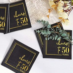 Cheers to 50 Years Cocktail Napkins - 50PK - 3-Ply 50th Birthday Napkins 5x5 Inches Disposable Party Napkins Paper Beverage Napkins for 50th Birthday Decorations Wedding Anniversary Black and Gold