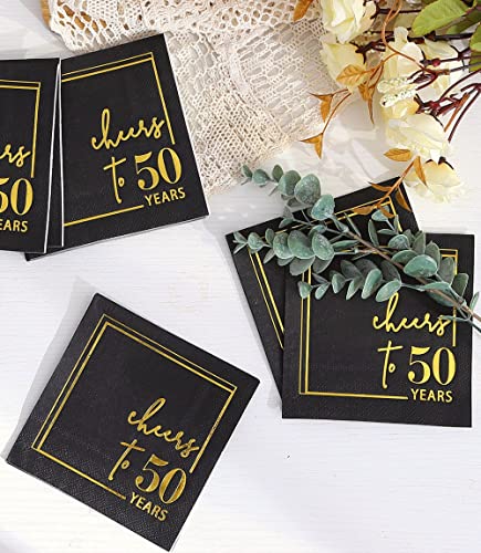 Cheers to 50 Years Cocktail Napkins - 50PK - 3-Ply 50th Birthday Napkins 5x5 Inches Disposable Party Napkins Paper Beverage Napkins for 50th Birthday Decorations Wedding Anniversary Black and Gold