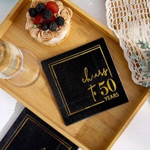 Cheers to 50 Years Cocktail Napkins - 50PK - 3-Ply 50th Birthday Napkins 5x5 Inches Disposable Party Napkins Paper Beverage Napkins for 50th Birthday Decorations Wedding Anniversary Black and Gold